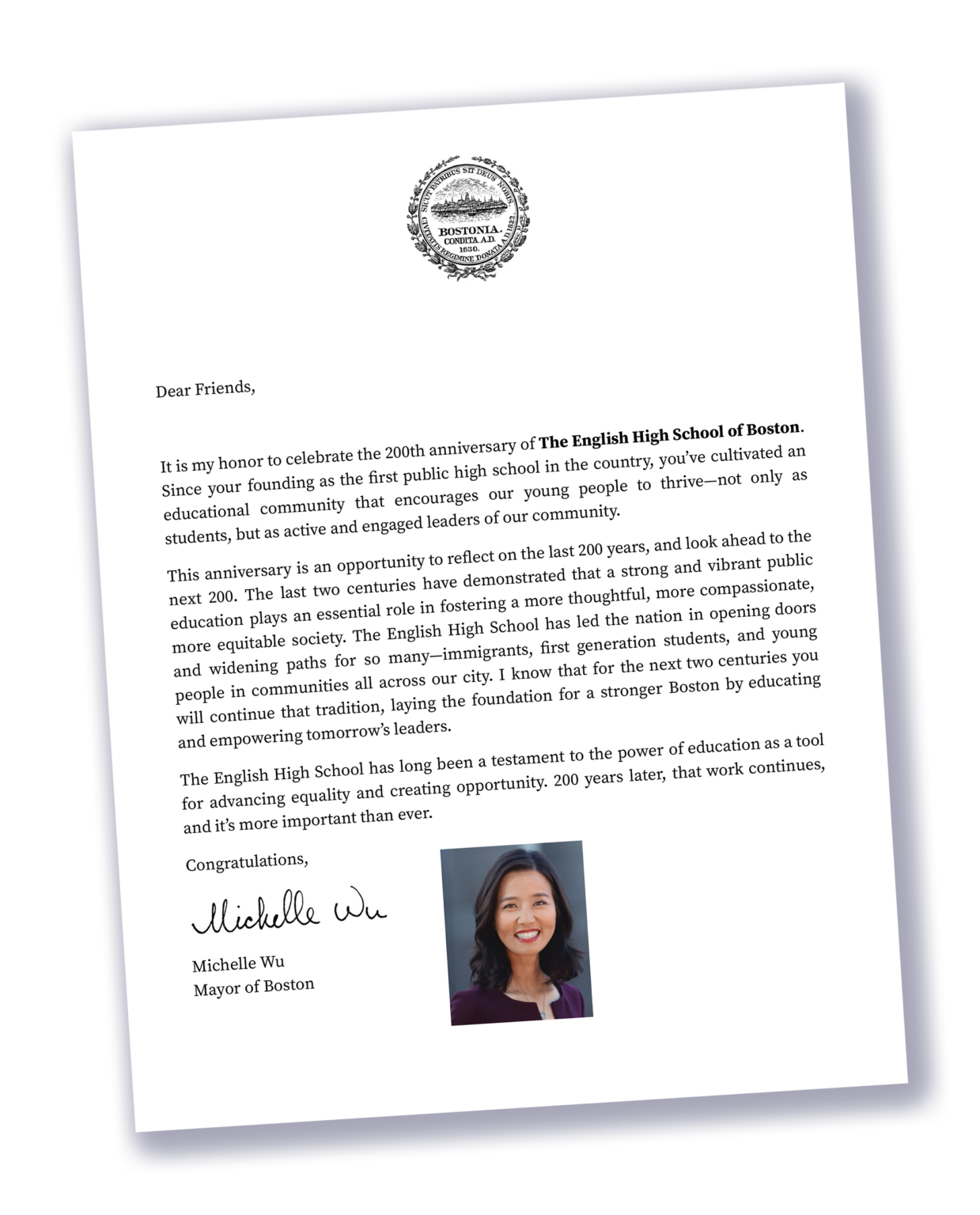 Mayor Michelle Wu Celebrates 200th Anniversary of English High School ...